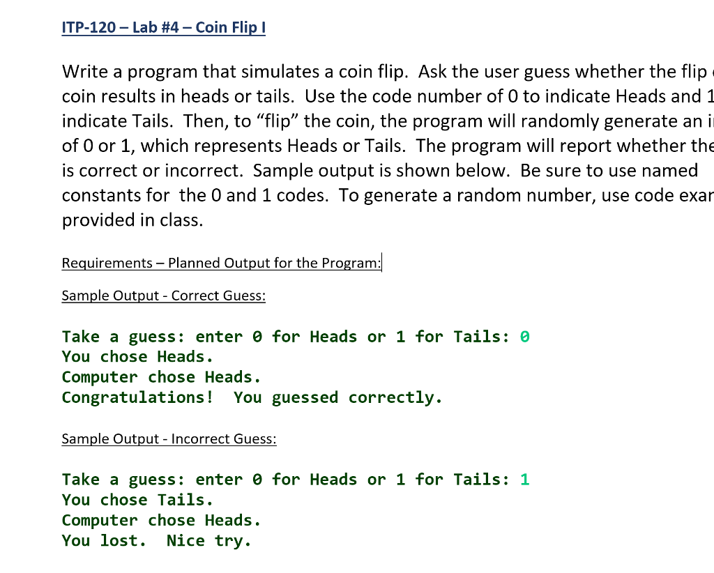 Solved ITP-120-Lab #4-Coin Flip I Write a program that | Chegg.com
