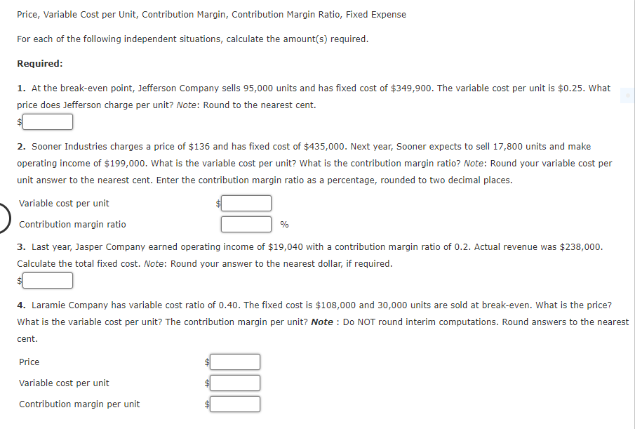 Solved Price, Variable Cost per Unit, Contribution Margin, | Chegg.com