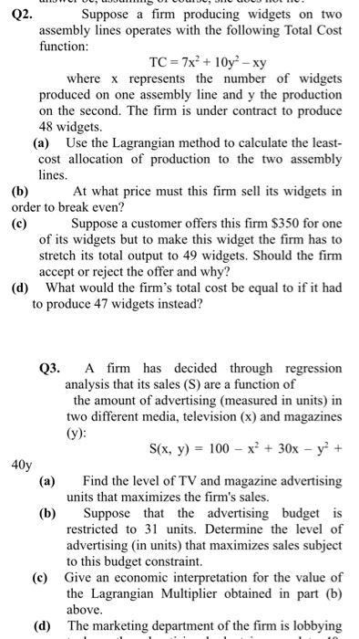 Solved Suppose a firm producing widgets on two assembly | Chegg.com