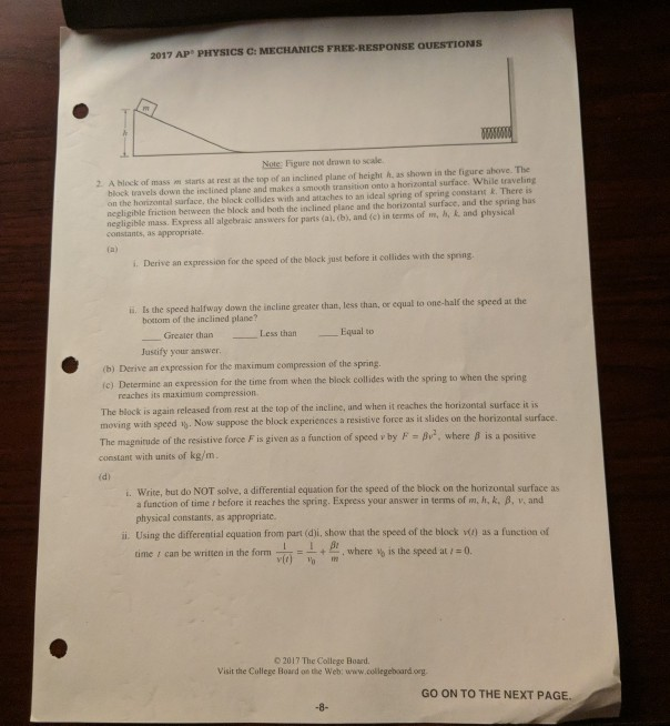 Solved 2017 AP PHYSICS C: MECHANICS FREE-RESPONSE QUESTIONs | Chegg.com