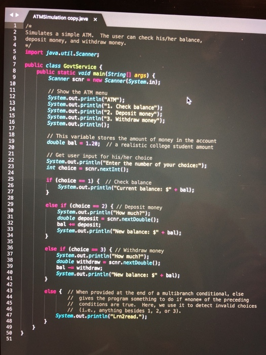 Solved ATMSimulation copy-java x 2 Simulates a simple ATM. | Chegg.com