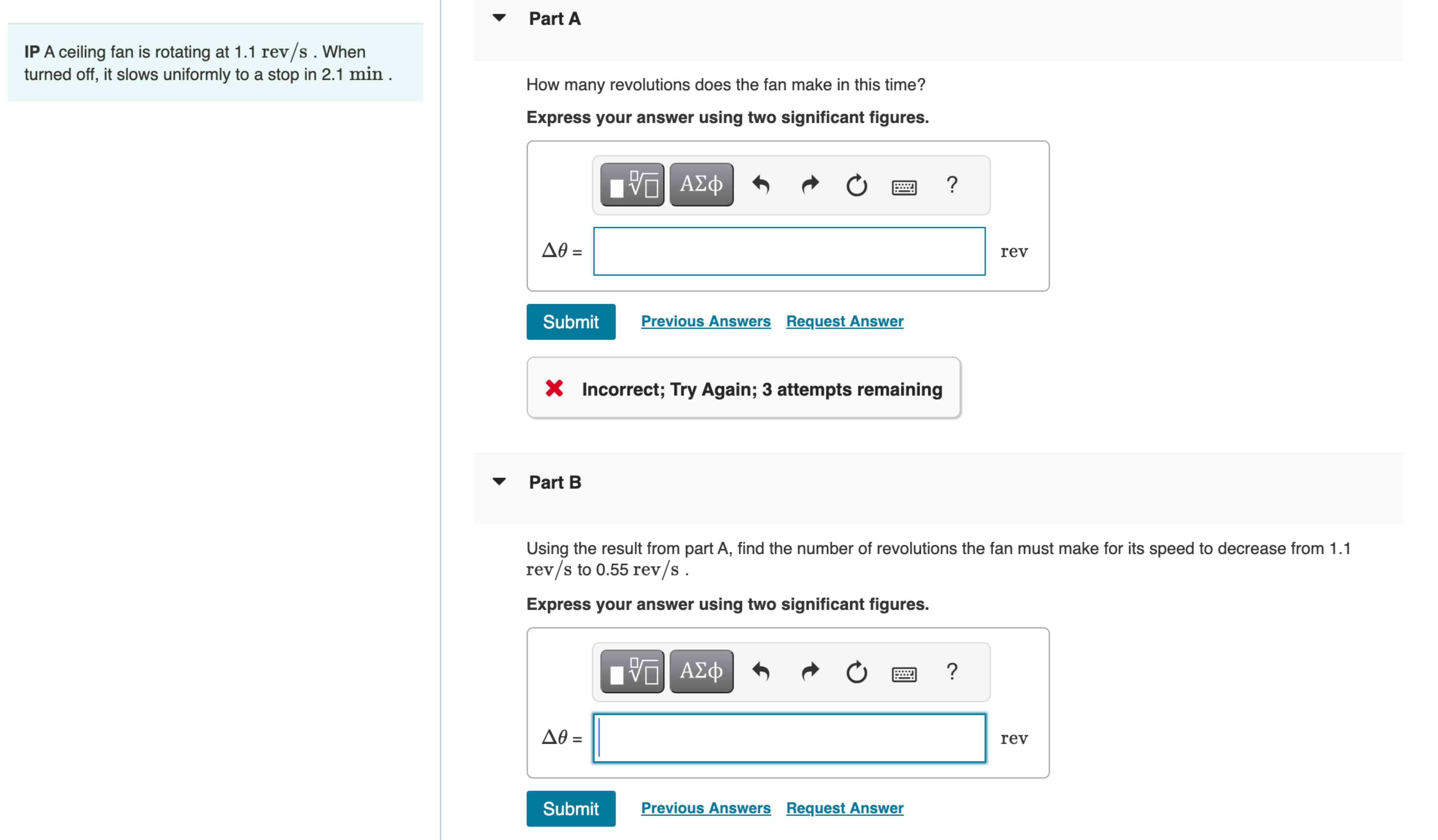 Solved Part AIP A ceiling fan is rotating at 1.1revs. | Chegg.com