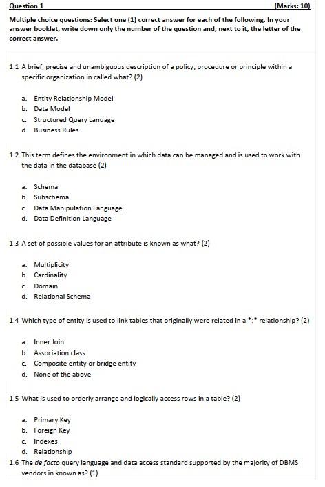 Solved Multiple choice questions: Select one (1) correct | Chegg.com
