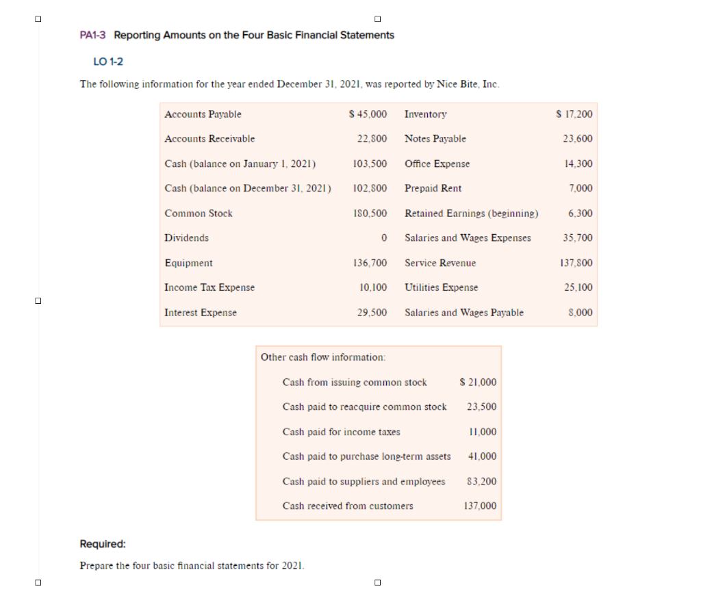 Solved PA1-3 Reporting Amounts on the Four Basic Financial | Chegg.com