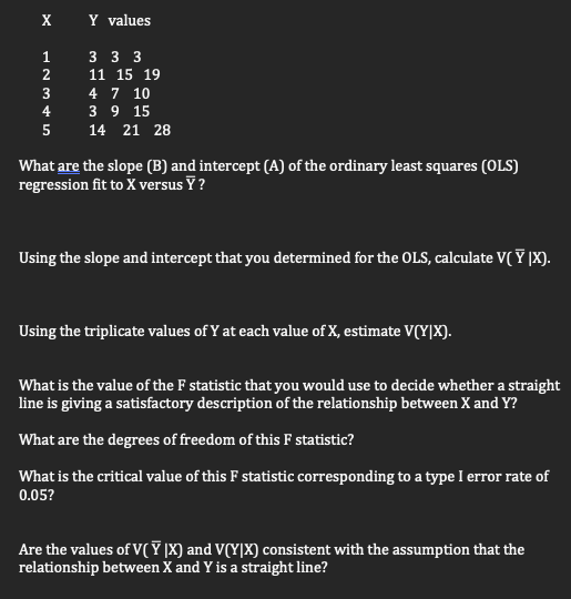 Solved X Y values 1 2 3 4 5 3 3 3 11 15 19 4 7 10 3 9 15 14 | Chegg.com
