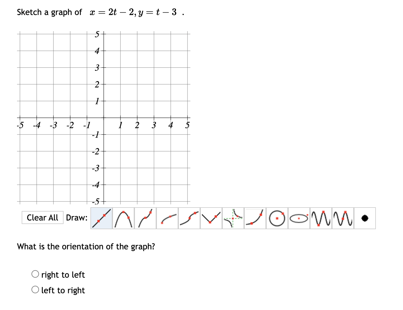 Solved Sketch a graph of x=2t-2,y=t-3.Draw:YNHWhat is the | Chegg.com