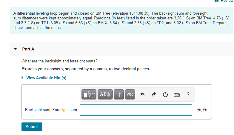 Solved Review A differential leveling loop began and closed | Chegg.com