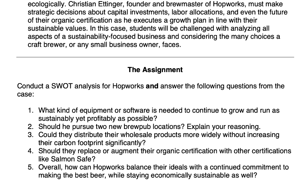 Solved Case Study Assignment 1 ead the case study Hopworks | Chegg.com