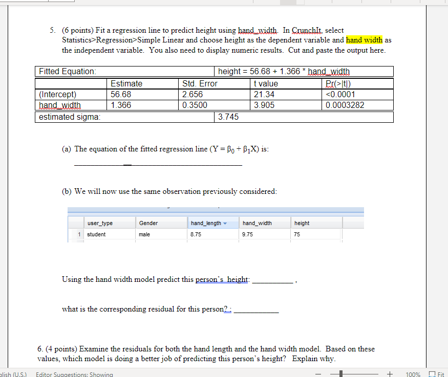 5. (6 points) Fit a regression line to predict height | Chegg.com