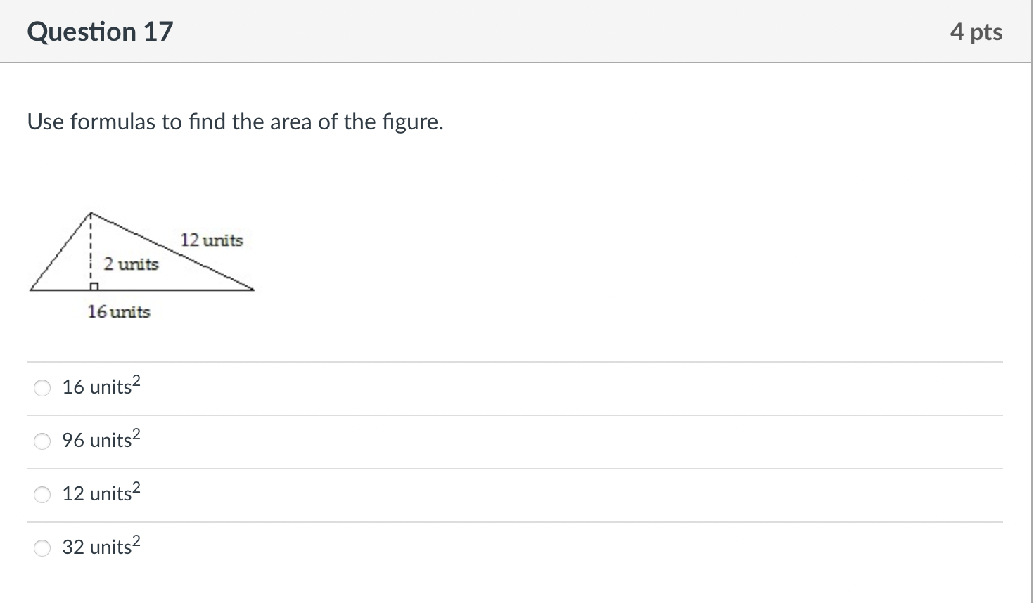 Solved Use formulas to find the area of the figure. 96 in. 2 | Chegg.com