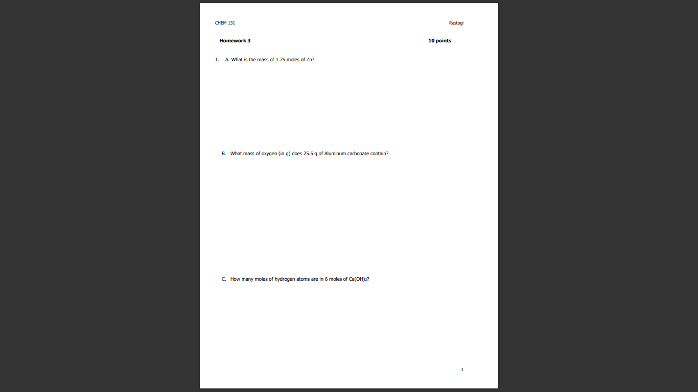 Solved 1. A. What is the mass of 1.75 moles of Zn ? B. What | Chegg.com