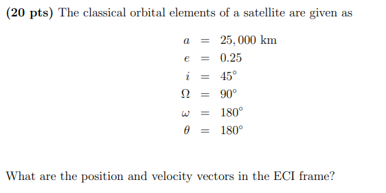 Solved (20 pts) The classical orbital elements of a | Chegg.com