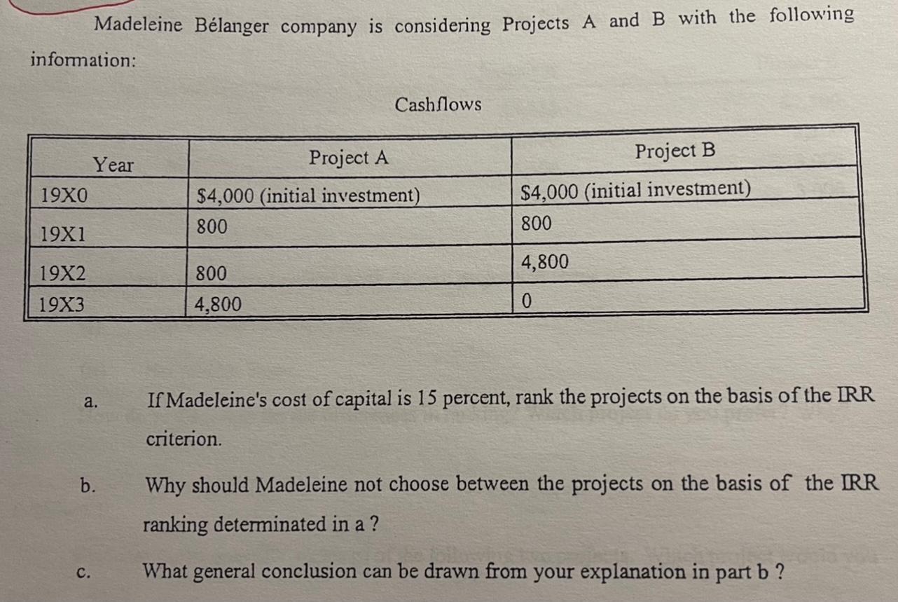 Solved Madeleine Bélanger company is considering Projects A | Chegg.com