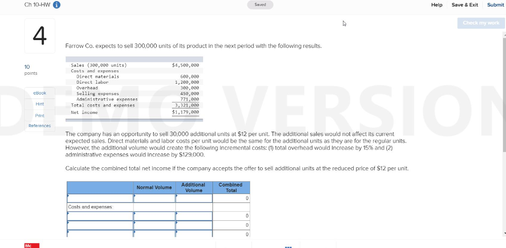 Solved Ch 10-HW 6 Saved Help Save & Exit Submit Check my | Chegg.com