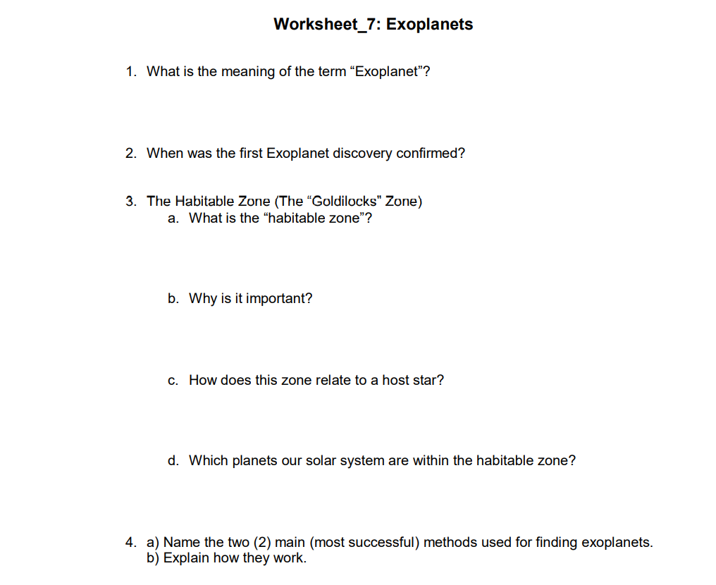 Solved Worksheet_7: Exoplanets 1. What is the meaning of the | Chegg.com