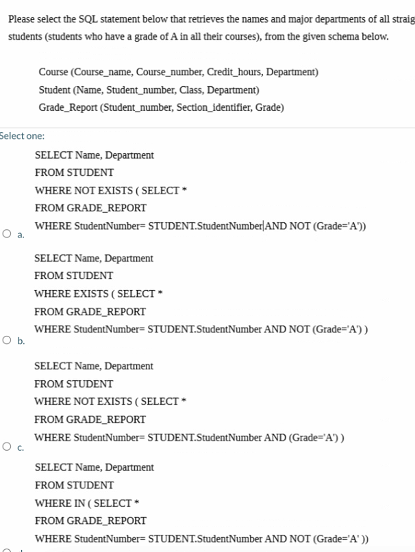 Solved Please select the SQL statement below that retrieves | Chegg.com