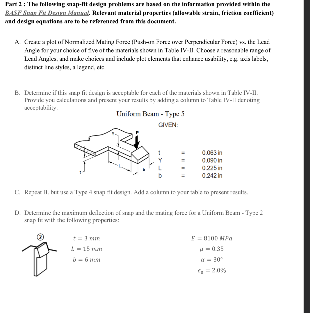 Solved Part 2 : The following snap-fit design problems are | Chegg.com
