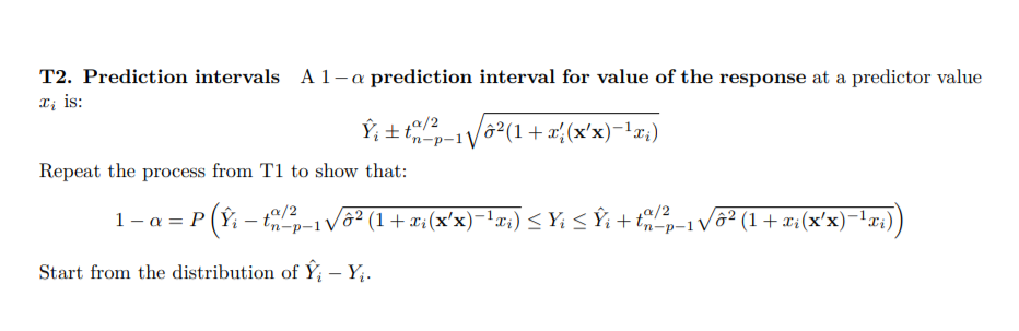 T2. Prediction intervals Al-a prediction interval for | Chegg.com