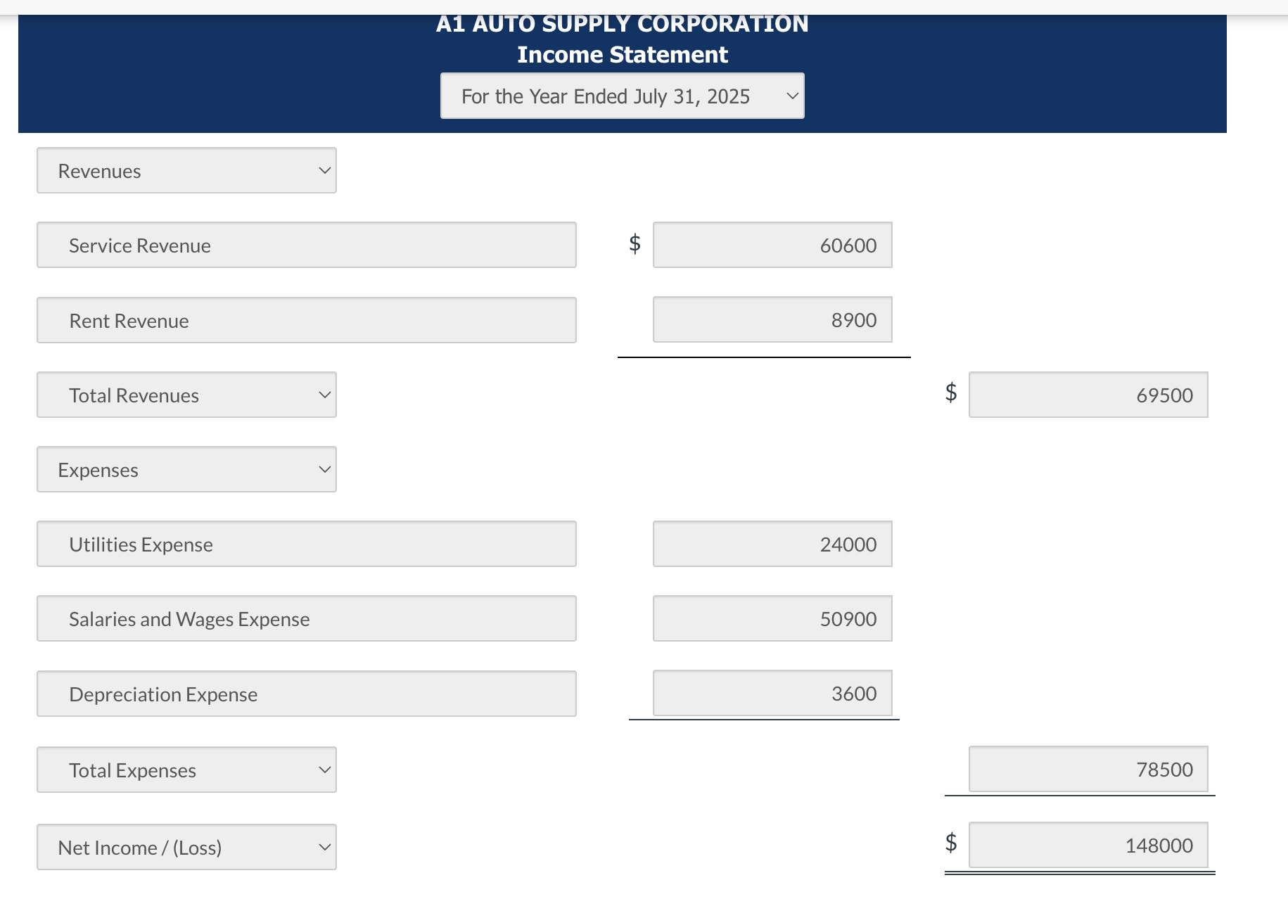 Solved These financial statement items are for A1 Auto | Chegg.com