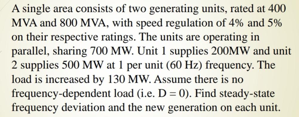 Solved A single area consists of two generating units, rated | Chegg.com