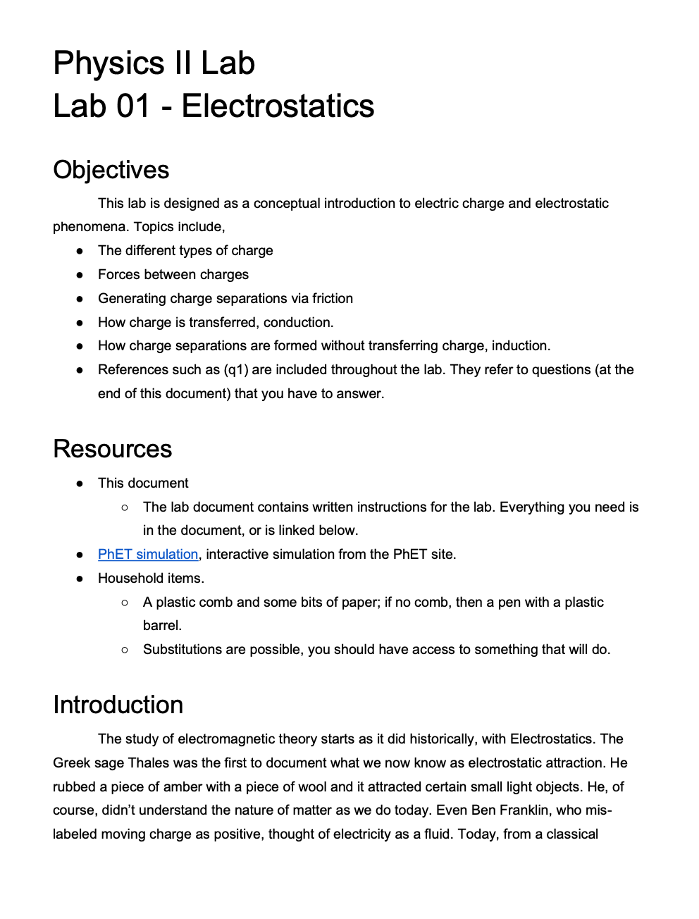 Physics II Lab Lab 01 - Electrostatics . . Objectives | Chegg.com