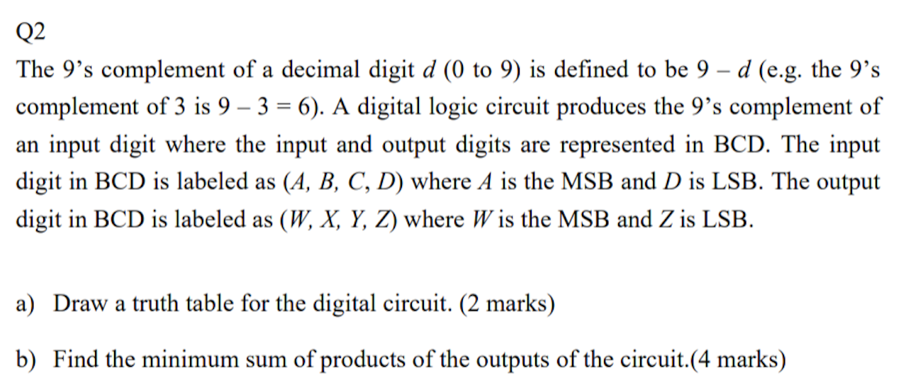 Solved Q2 The 9's complement of a decimal digit d (0 to 9) | Chegg.com