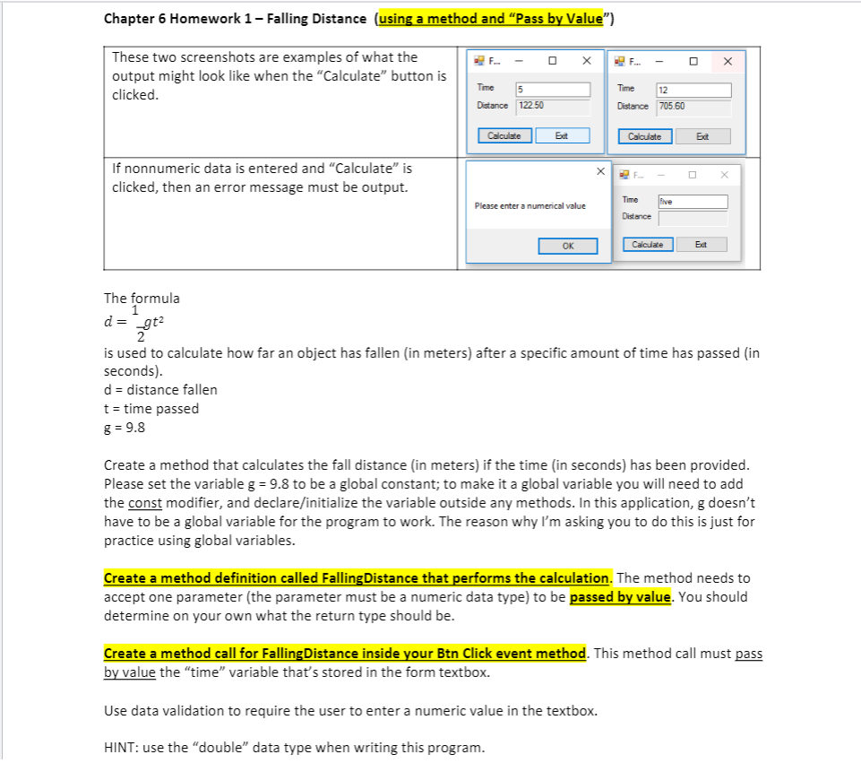Solved Chapter 6 Homework 1 - Falling Distance (using a | Chegg.com