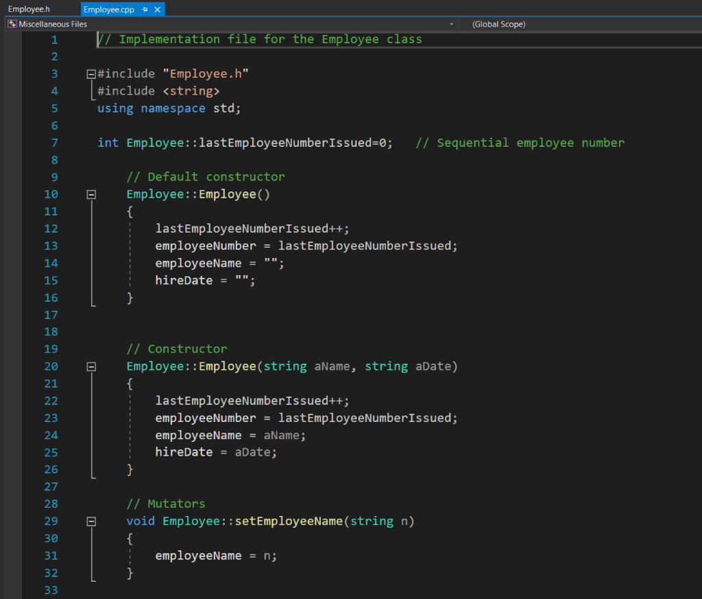 Solved Employee.h Employee.cpp + x Miscellaneous Files | Chegg.com