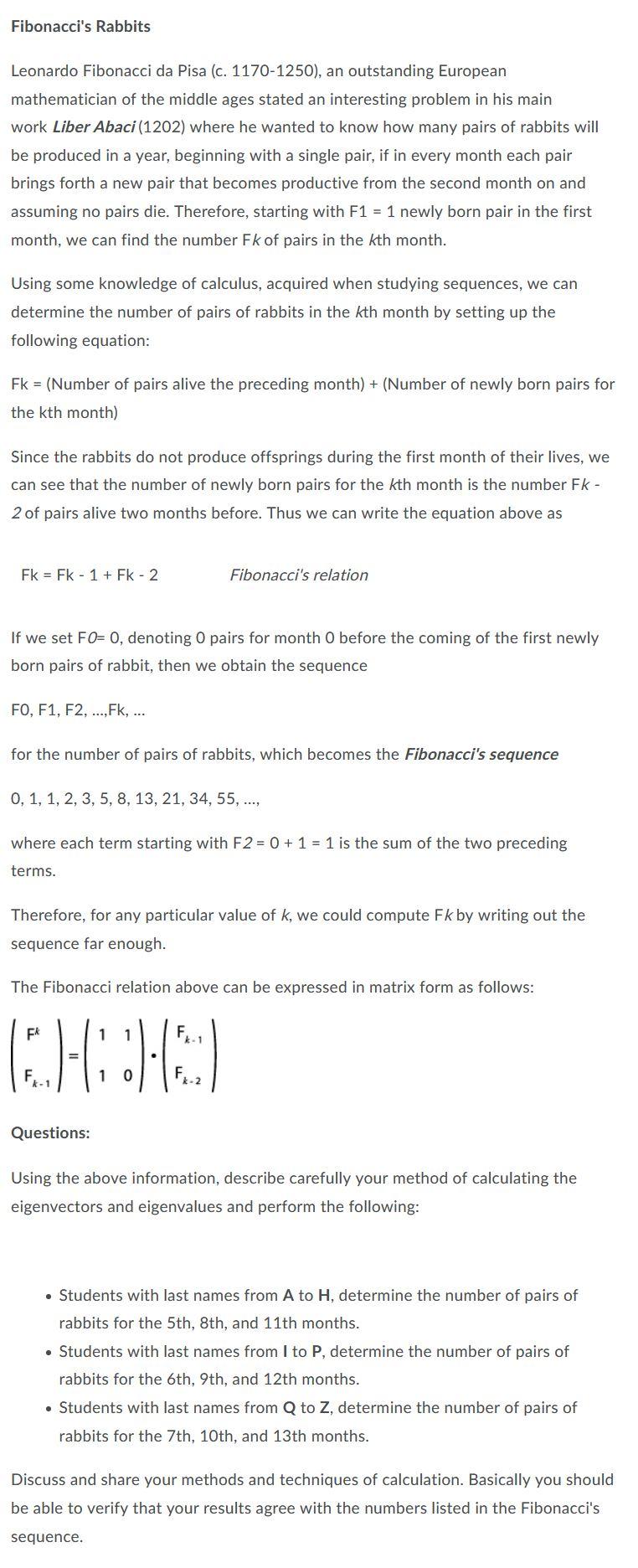 Solved Fibonacci's Rabbits Leonardo Fibonacci da Pisa (c. | Chegg.com