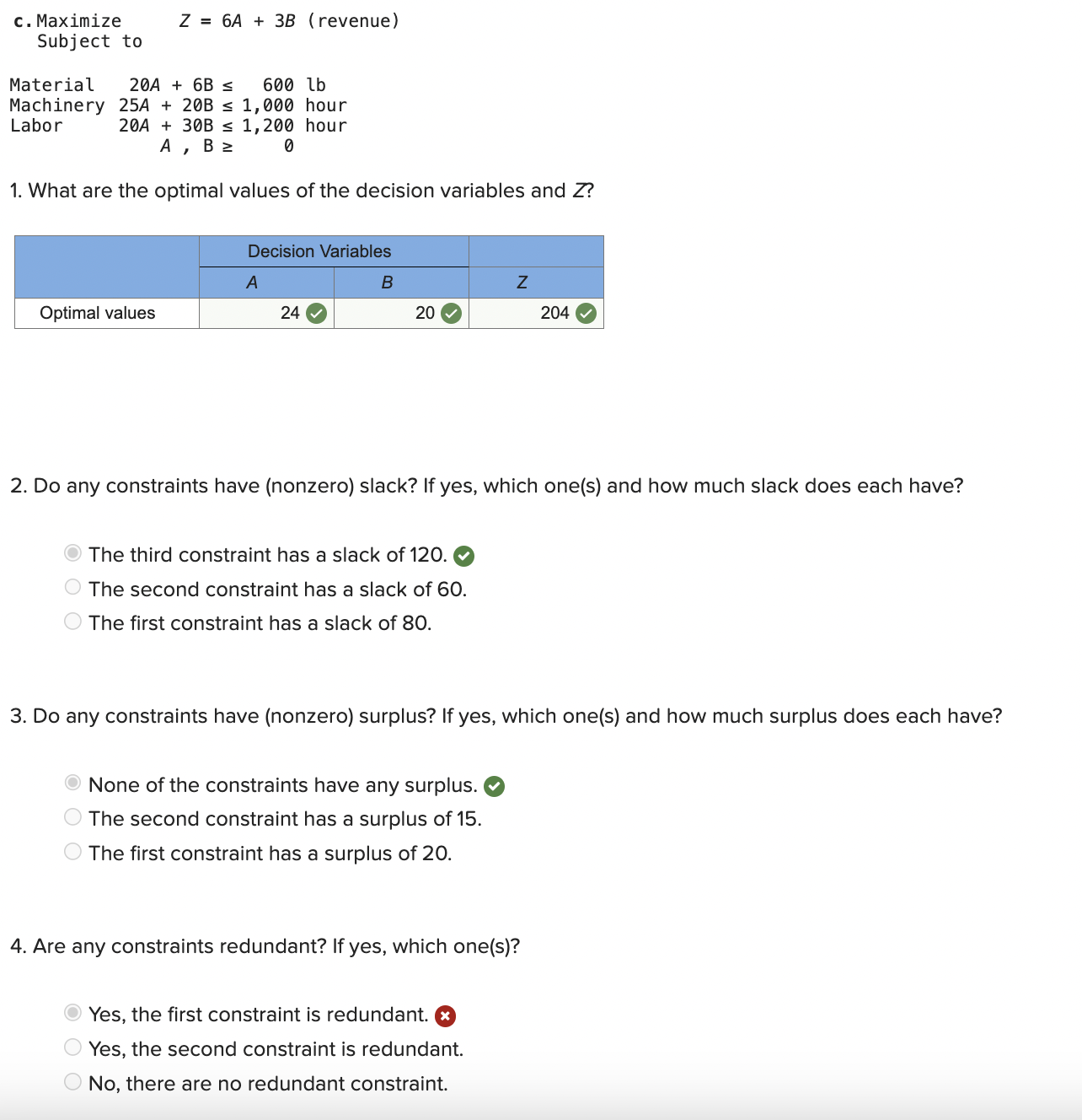 Solved c. ﻿MaximizeZ=6A+3B (revenue)Subject toMaterial | Chegg.com