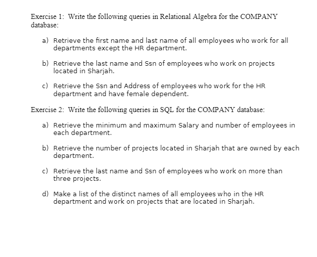 Solved Exercise 1 Write The Following Queries In Relational