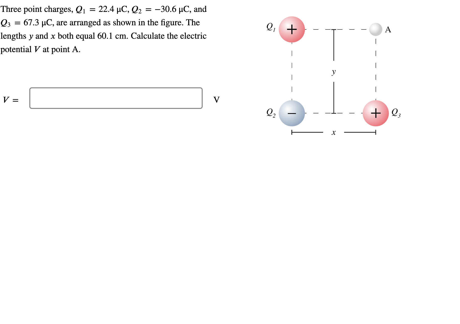 Solved Three point charges, Q1=22.4μC,Q2=−30.6μC, and | Chegg.com