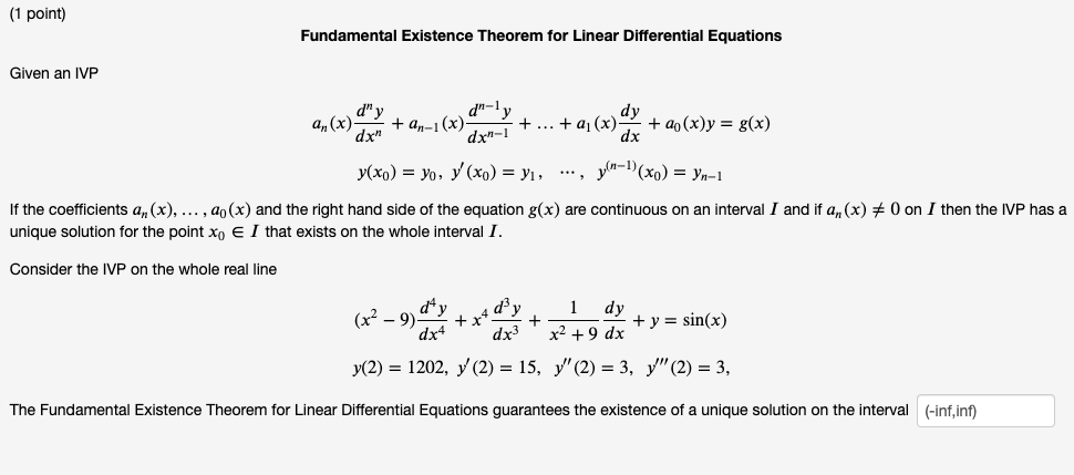 Solved (1 point) Fundamental Existence Theorem for Linear | Chegg.com