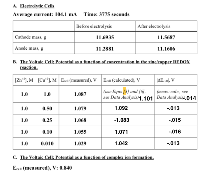Solved Calculate Ecell (row 5 in each data table) using | Chegg.com