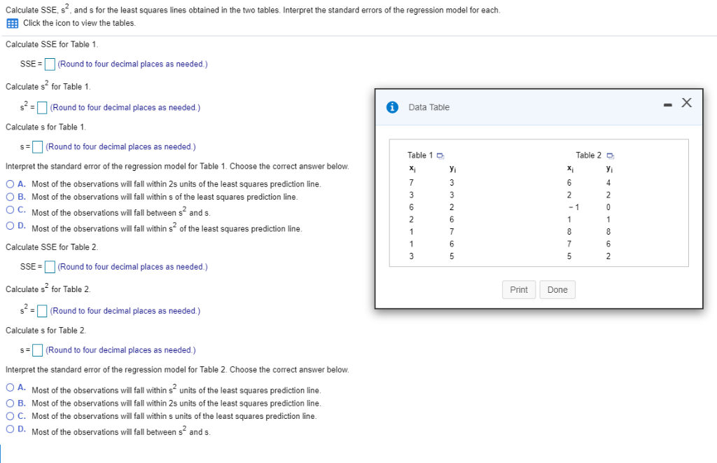 Solved Calculate SSE, S, and s for the least squares lines | Chegg.com