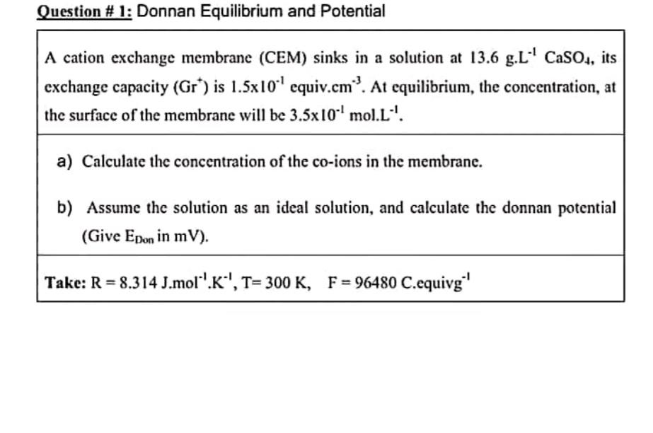 Solved Question #1: Donnan Equilibrium and Potential A | Chegg.com