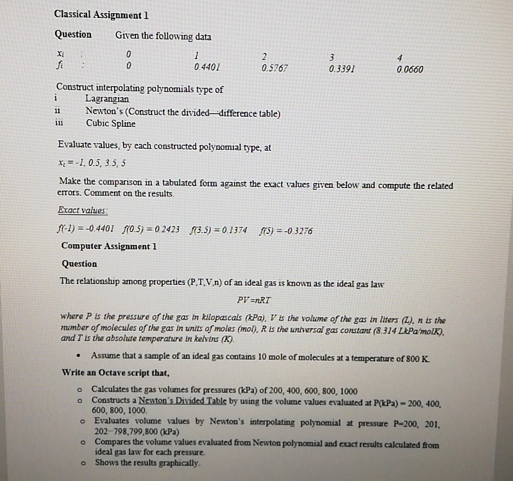 Classical Assignment 1 Question Given the following | Chegg.com