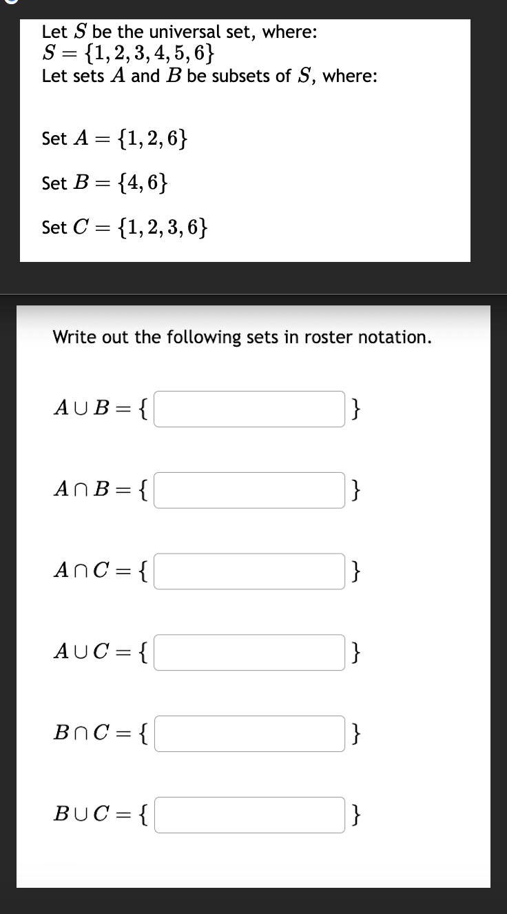 Solved Let S be the universal set, where: S={1,2,3,4,5,6} | Chegg.com
