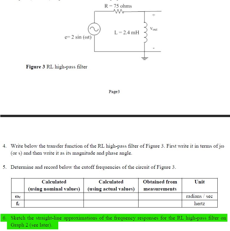 Solved Figure 3 RL high-pass filter Page 3 4. Write below | Chegg.com