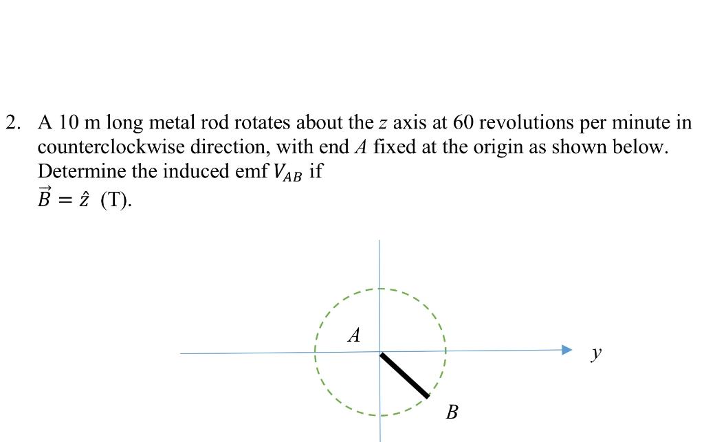 Solved 2. A 10 m long metal rod rotates about the z axis at | Chegg.com