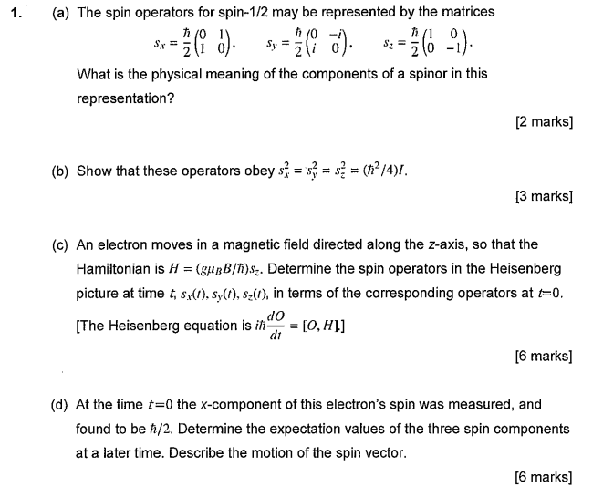 Solved 1. (a) The spin operators for spin-1/2 may be | Chegg.com