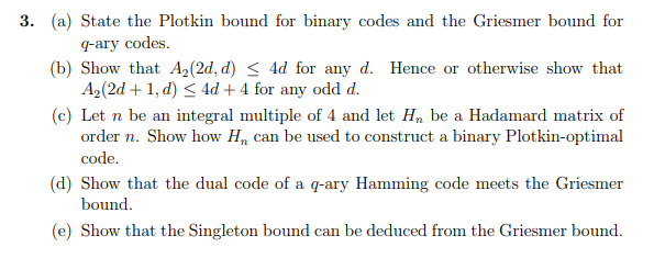 3. (a) State the Plotkin bound for binary codes and | Chegg.com