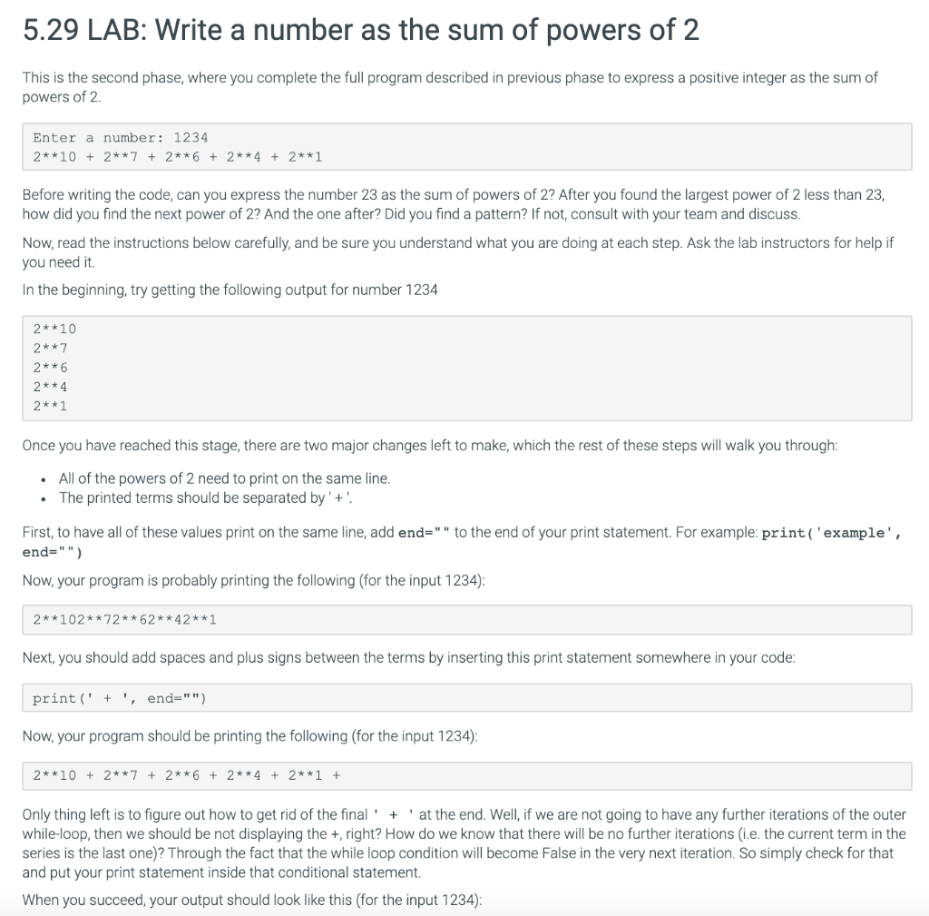 Solved 5.29 LAB: Write a number as the sum of powers of 2 | Chegg.com
