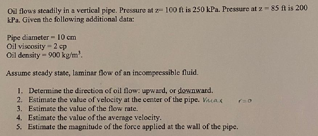 Solved Oil flows steadily in a vertical pipe. Pressure at | Chegg.com