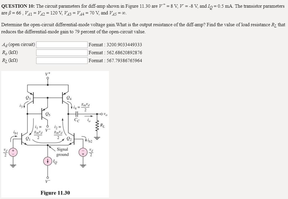 Solved QUESTION 10: The circuit parameters for diff-amp | Chegg.com
