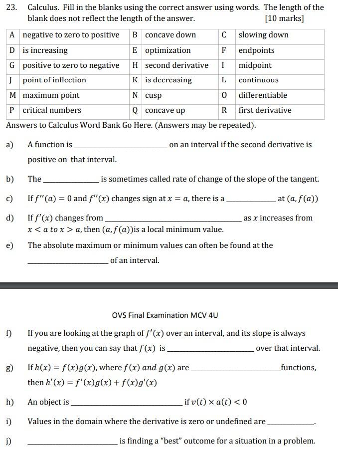Solved 23. Calculus. Fill in the blanks using the correct | Chegg.com