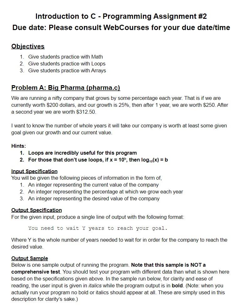 Solved Introduction to C - Programming Assignment #2 Due | Chegg.com