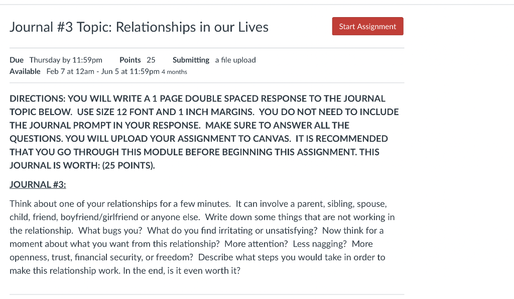 Solved Journal #3 Topic: Relationships in our Lives Start | Chegg.com
