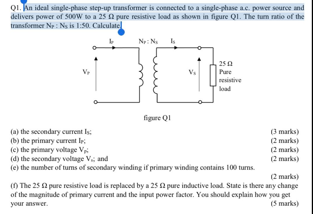 Solved Q1. An ideal single-phase step-up transformer is | Chegg.com