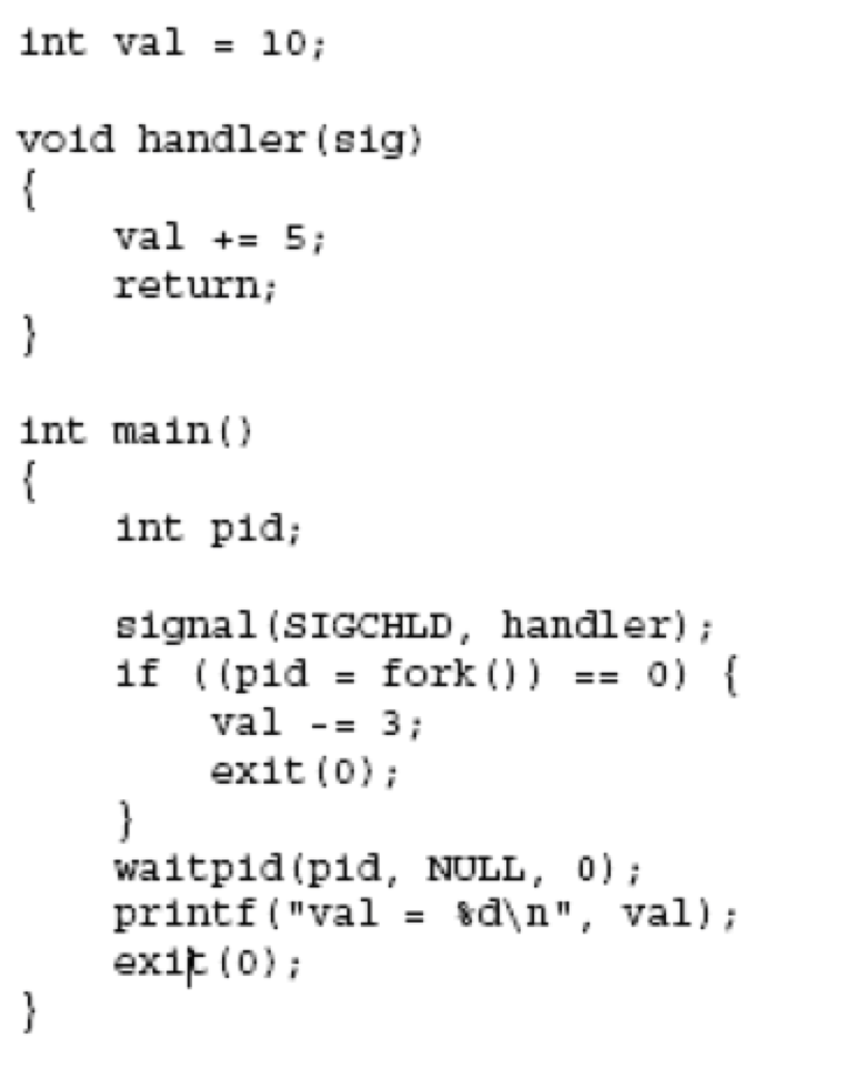 Solved int val = 10; void handler (sig》 val += 5; return; | Chegg.com